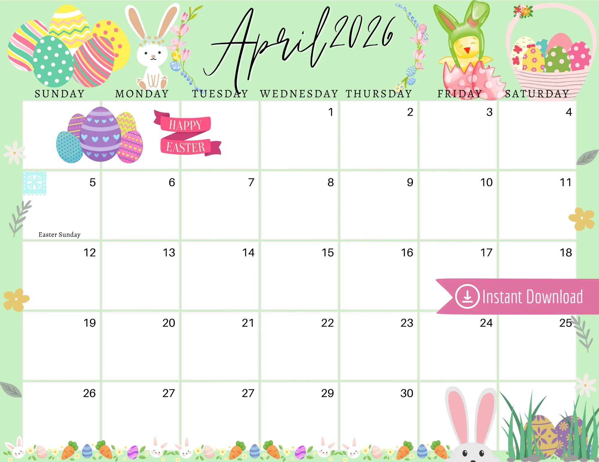 April 2026 Easter Sunday Calendar Mint Green Printable PDF PNG JPG Etsy