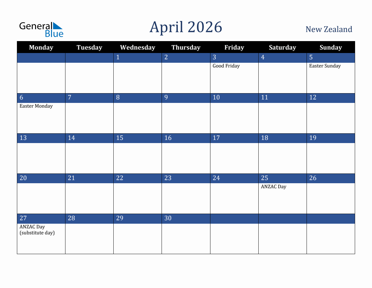 April 2026 New Zealand Holiday Calendar