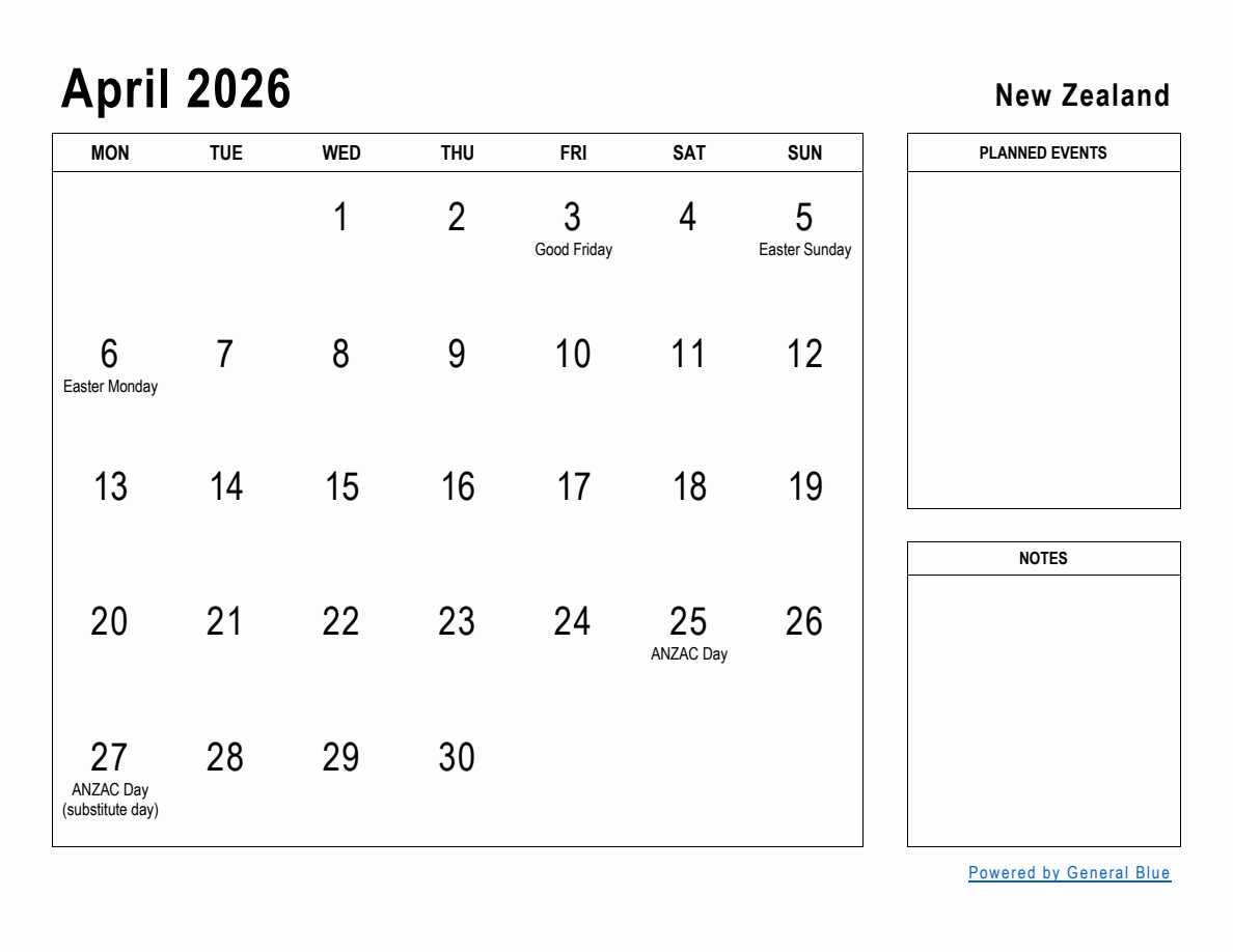 April 2026 Planner With New Zealand Holidays