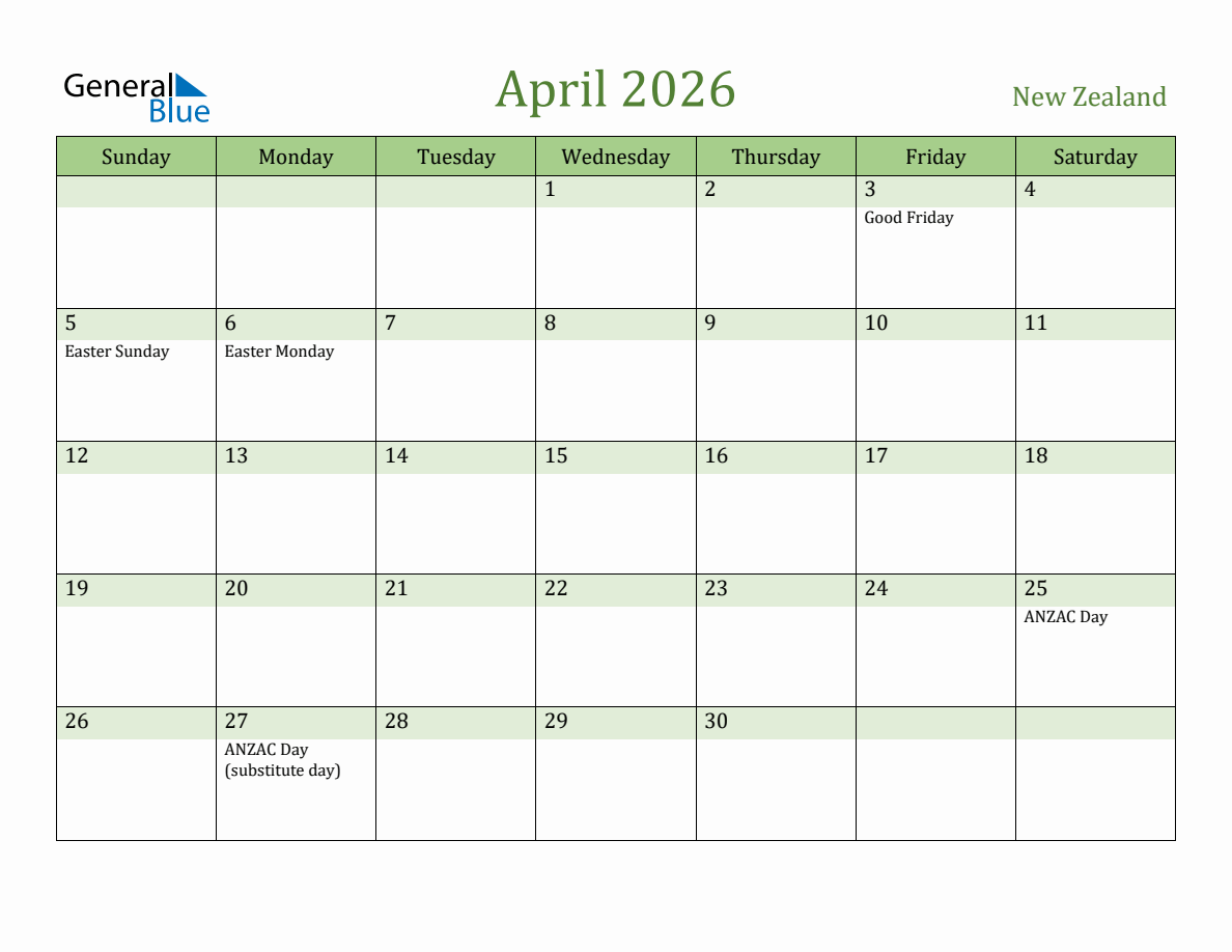 Fillable Holiday Calendar For New Zealand April 2026