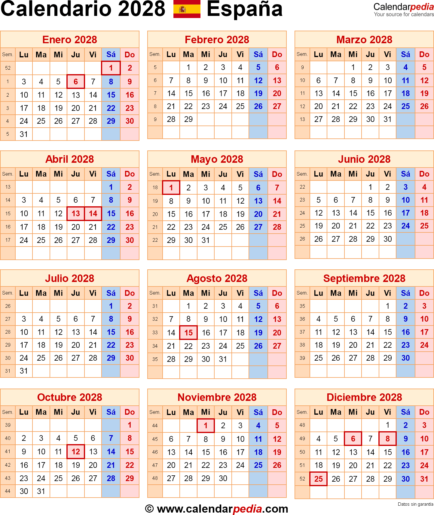 Calendario 2028 En PDF Excel Y Word Calendarpedia