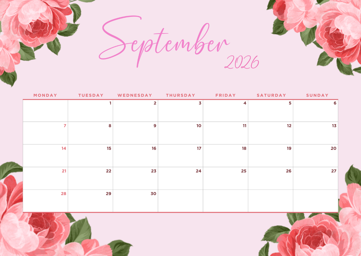 Free Pink Rose September 2026 Calendar Template To Edit Online