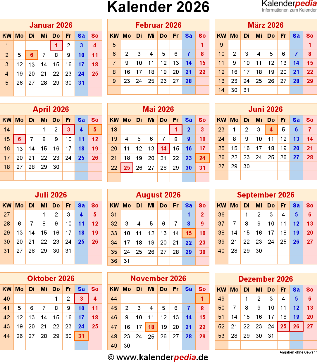 Kalender 2026 Mit Feiertagen Und Kalenderwochen