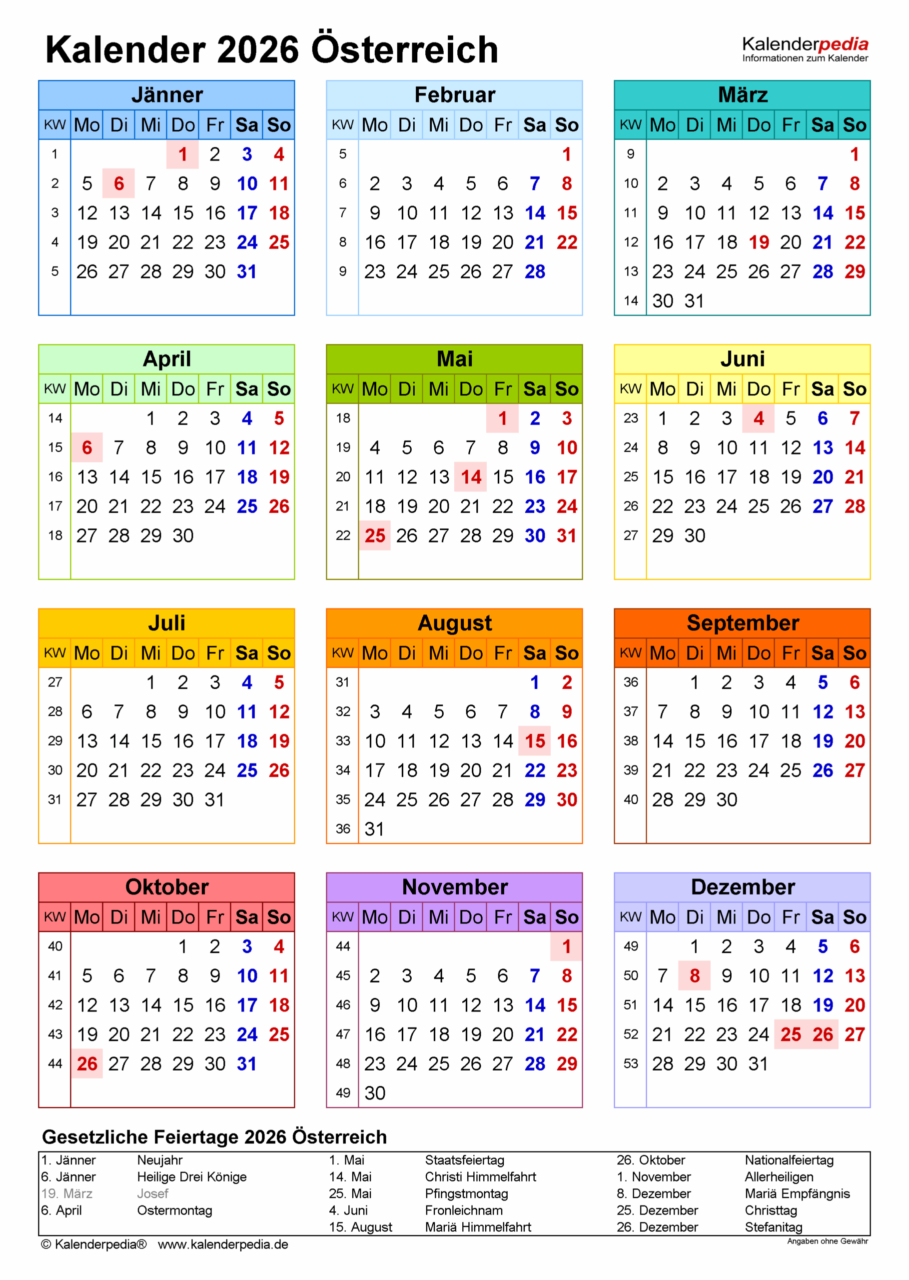 Kalender 2026 Sterreich In Excel Zum Ausdrucken