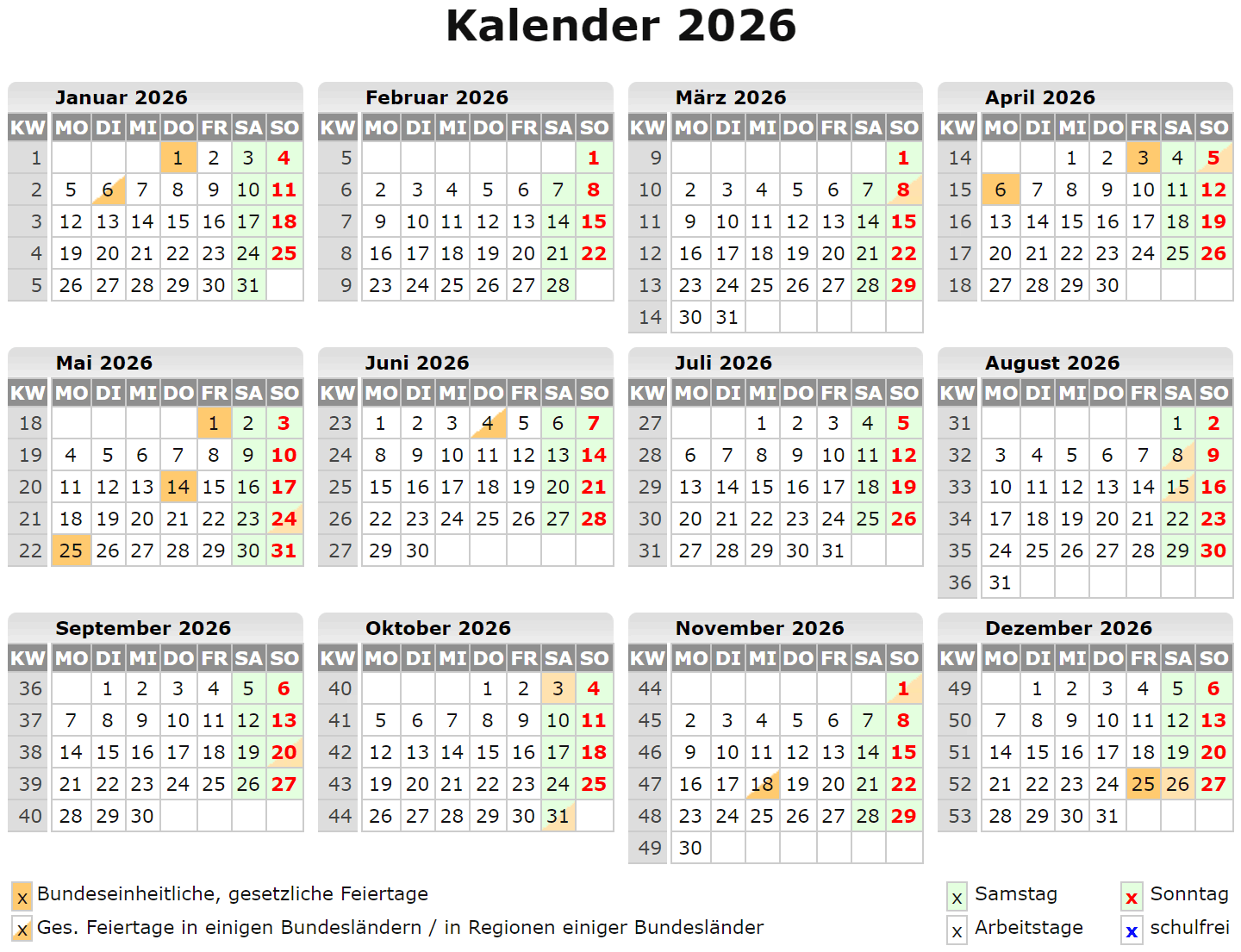Kalender 2026 Zum Ausdrucken Kostenlos